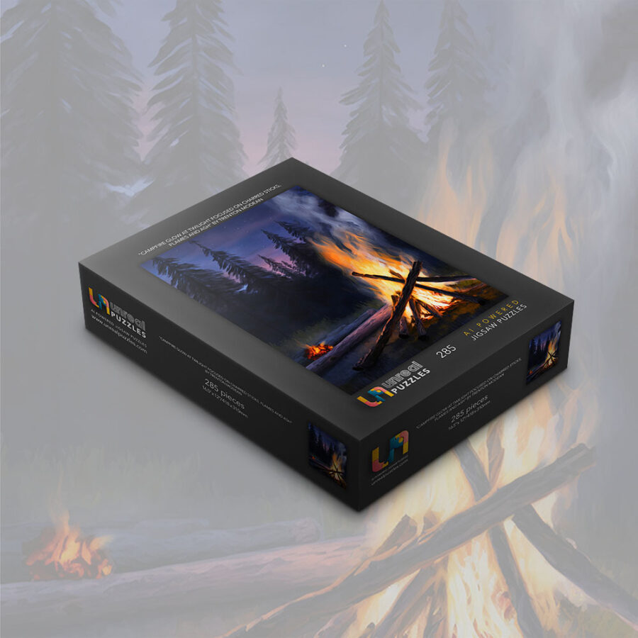 Campfire glow at twilight focused on charred sticks, flames and ash ...